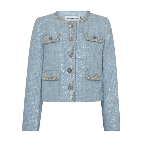 Self-portrait Cropped Sequin Boucle Jacket In Blue | ModeSens